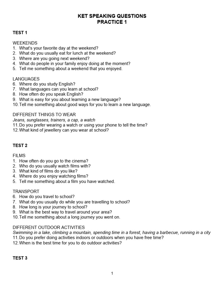 KET Speaking Practice Questions | PDF