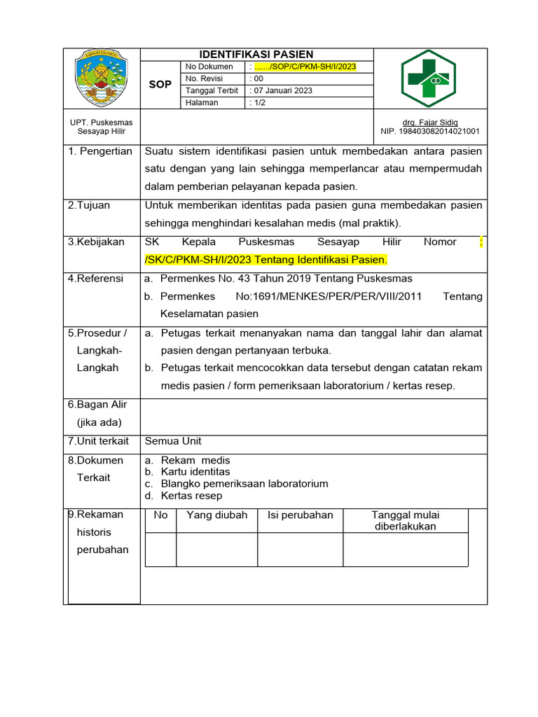 Sop Identifikasi Pasien | PDF | Pengembangan Diri