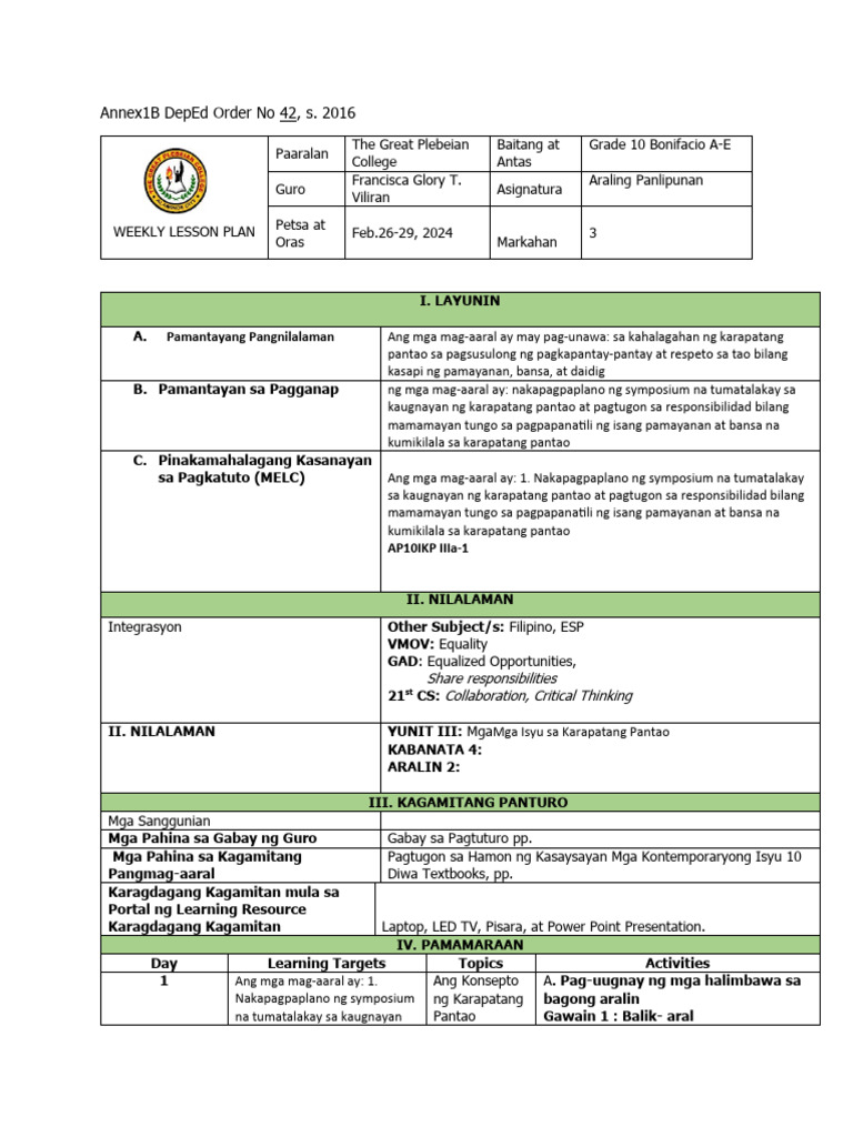 Learning plan AP Q3 W4 | PDF