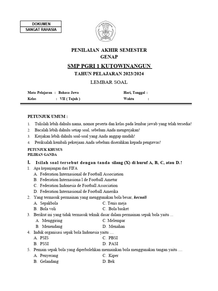 Soal Pat Pjok Kelas 8 Semester 2 | PDF