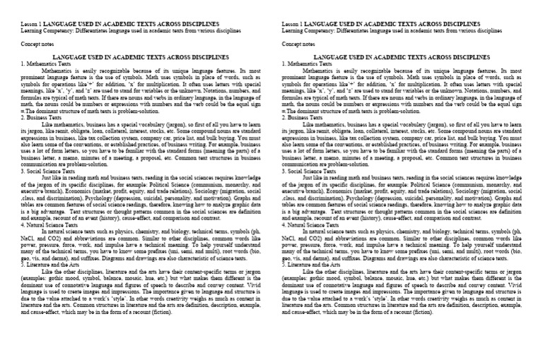 Lesson 1 LANGUAGE USED IN ACADEMIC TEXTS ACROSS DISCIPLINES | PDF | Mathematics | Symbols