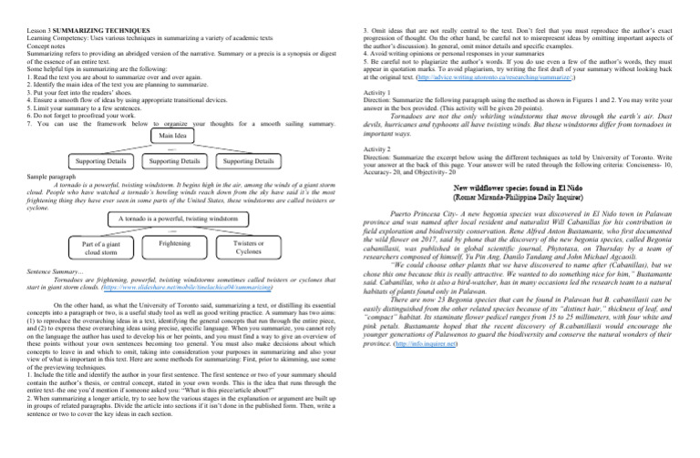 Lesson 3 SUMMARIZING TECHNIQUES | PDF | Tornadoes | Plagiarism