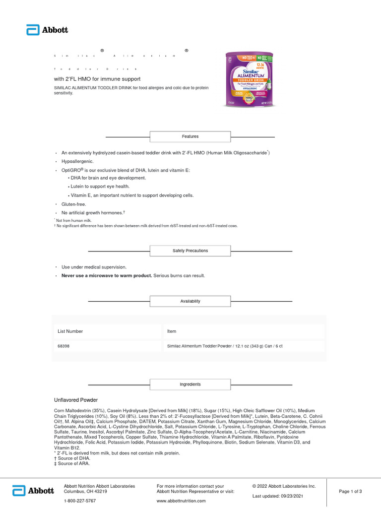 Similac® Alimentum® Toddler Drink | PDF | Magnesium | Vitamin