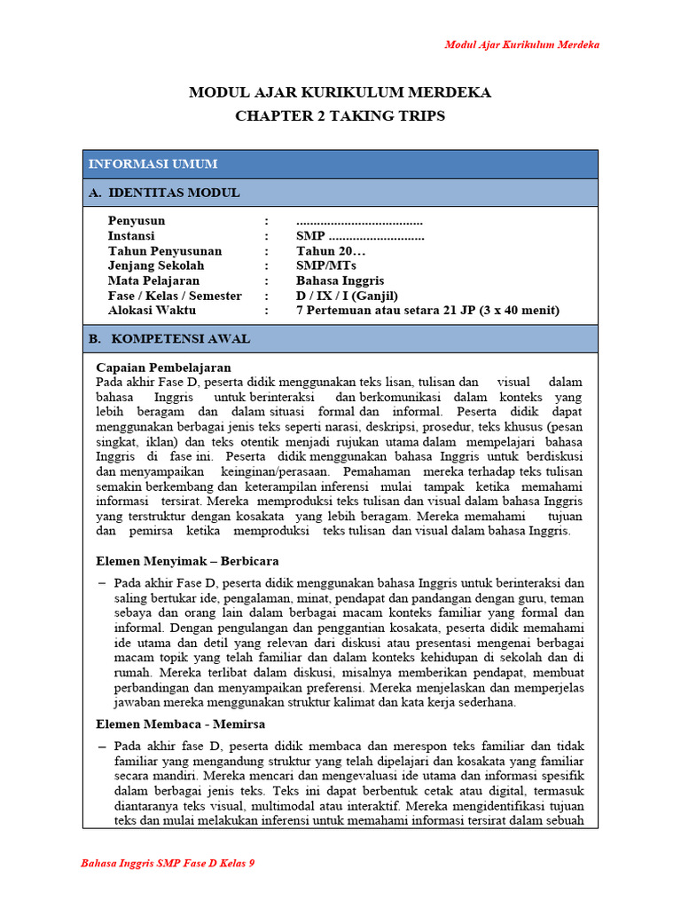 Modul Ajar Chapter 2 Taking Trips | PDF
