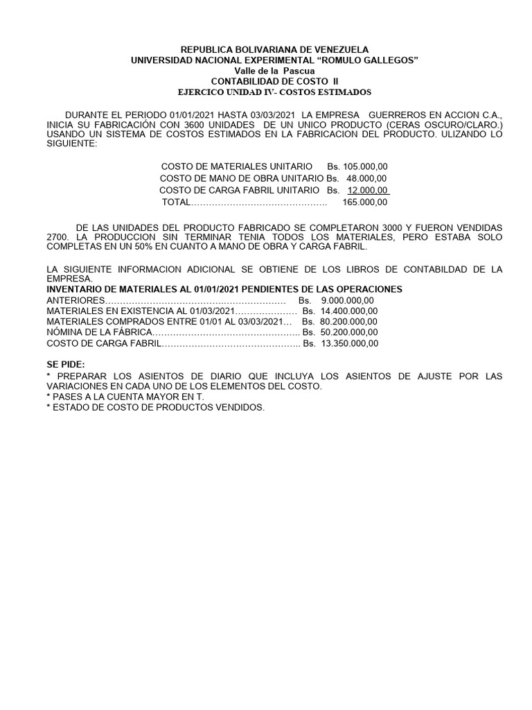 CLASE EJERCICIO COSTOS ESTIMADOS UNIDAD IV 2021 | Descargar gratis PDF ...