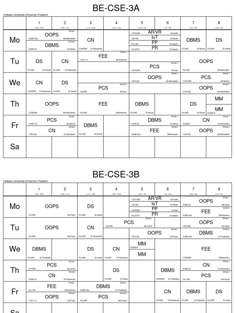 Chitkara University BE-CSE Timetable | PDF