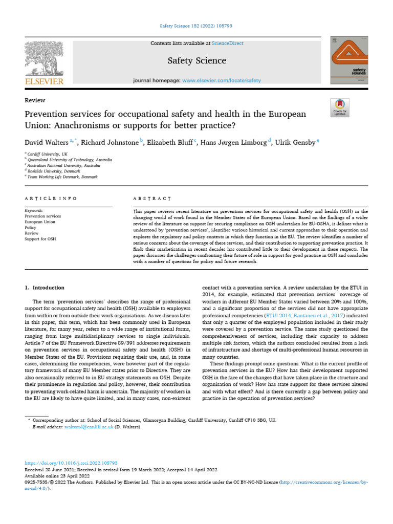 Prevention Services For Occupational Safety and Health in The European ...