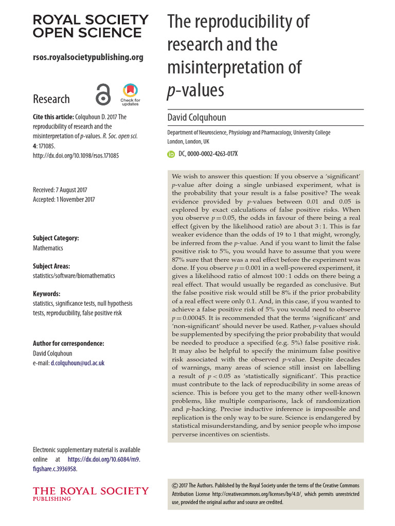 The Reproducibility of Research and The Misinterpretation of P-Values - Colquhoun, D. - 2017 ...