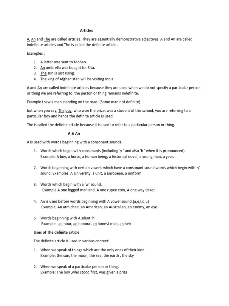 Vi Eng Gra m01 Articles Handout | PDF | Noun | Word
