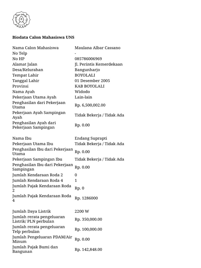 Cetak Biodata Calon Mahasiswa US | PDF