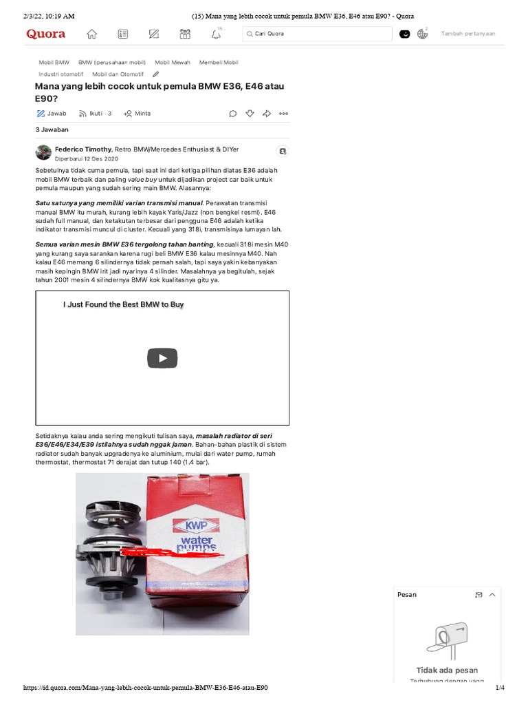 Mana Yang Lebih Cocok Untuk Pemula BMW E36, E46 Atau E90 - Quora | PDF