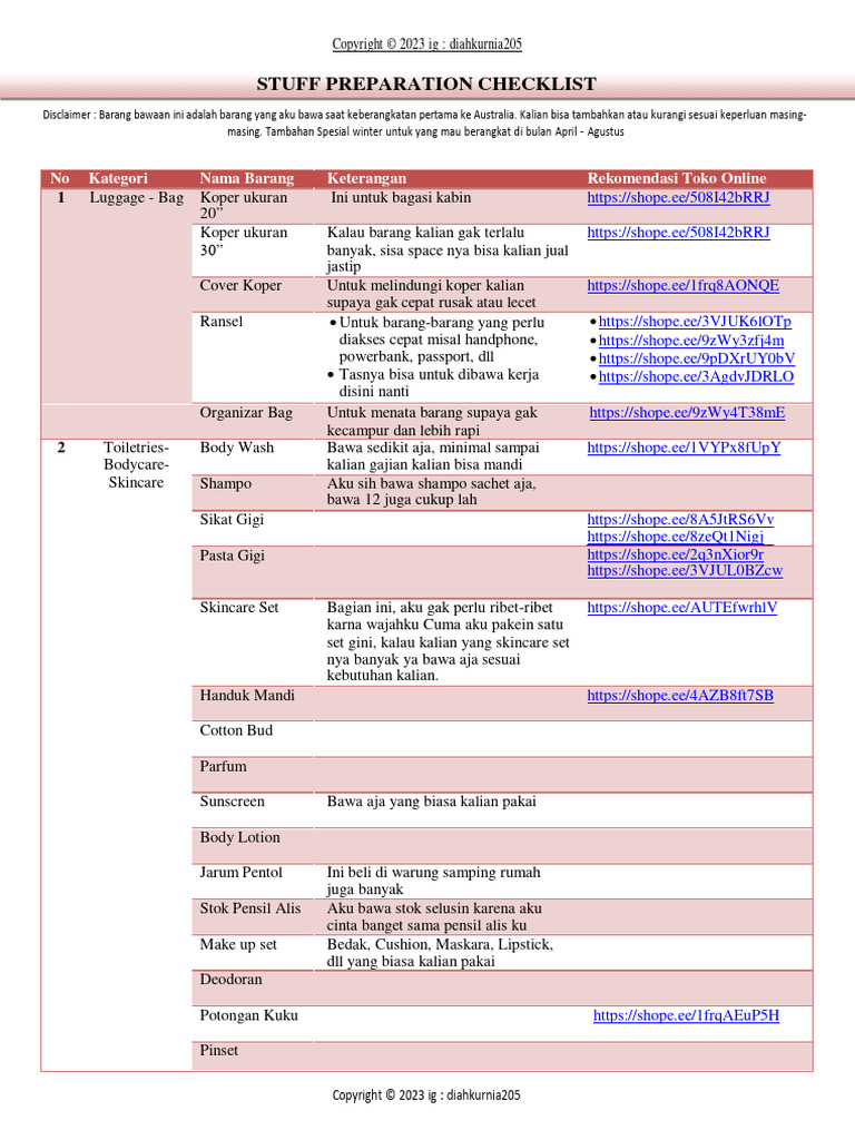 Stuff Preparation Checklist | PDF