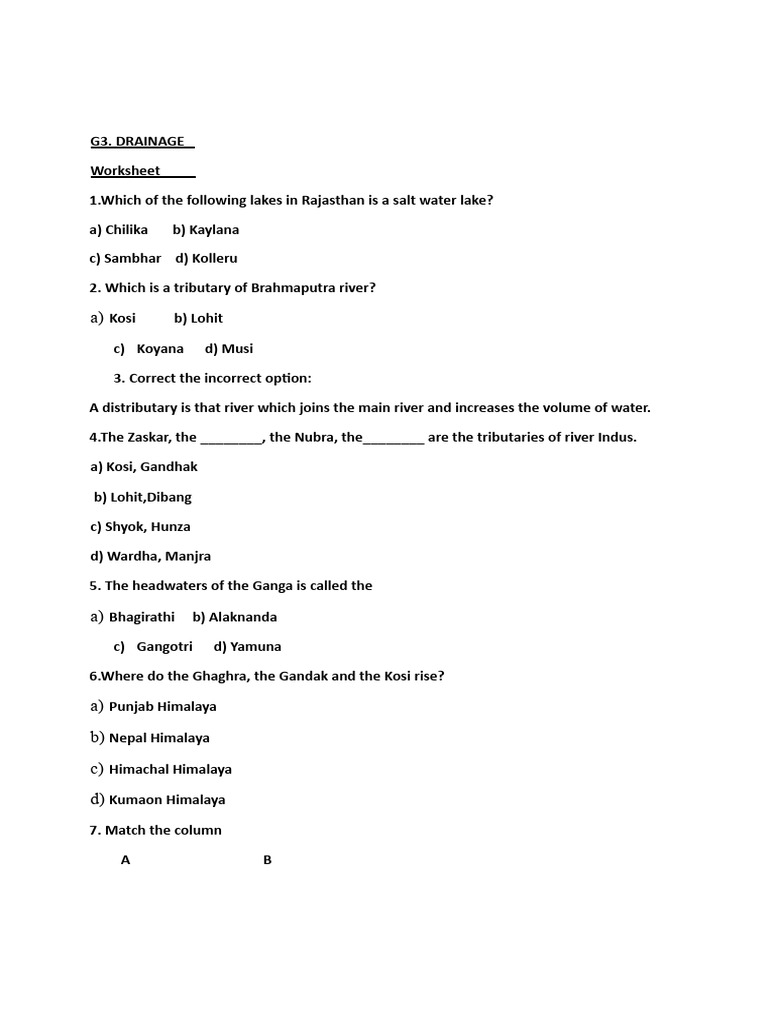 Geography Drainage Worksheet Quiz | PDF | Indus River | Environmental ...