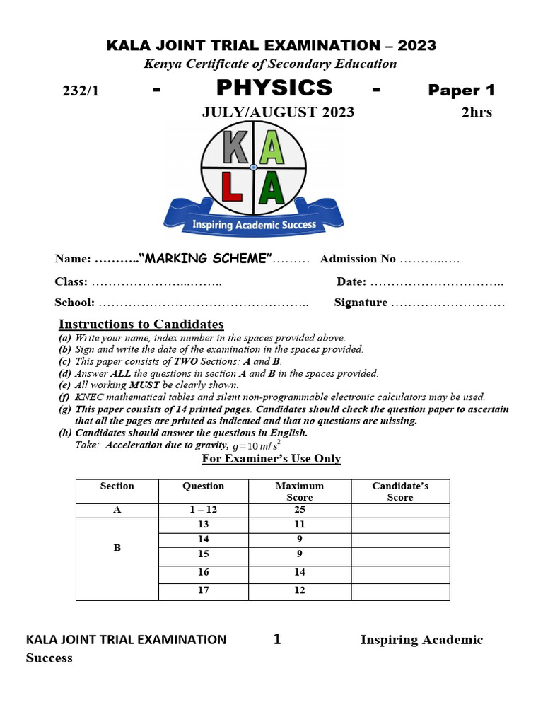 Kala Physics Pp1 Ms | PDF | Force | Mechanics
