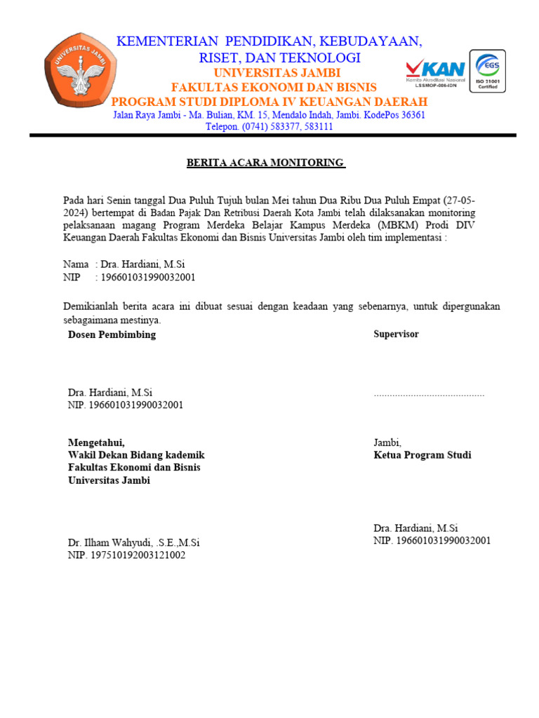 Berita acara MONITORING DPL MBKM GENAP 2024 | PDF