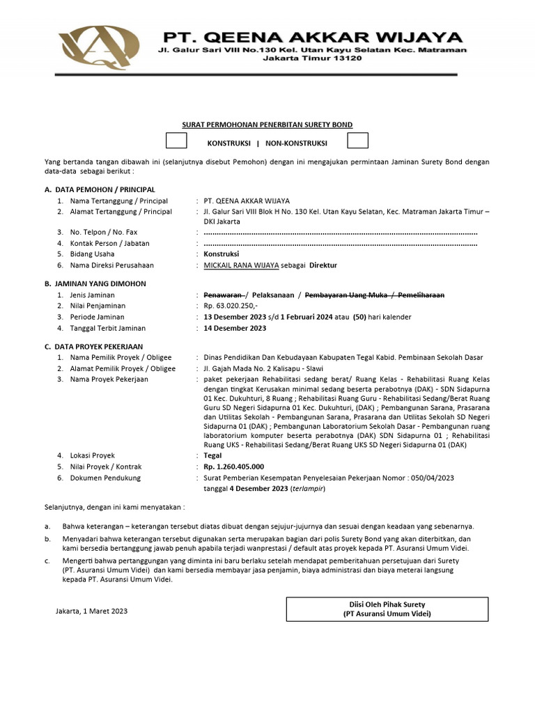 Surat Permohonan Penerbitan Surety Bond | PDF | Karier & Perkembangan ...