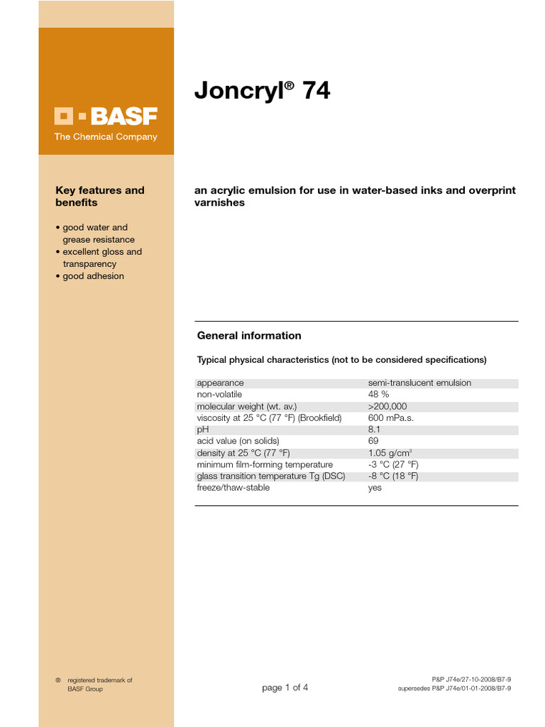 Joncryl 74 TDS | PDF | Materials