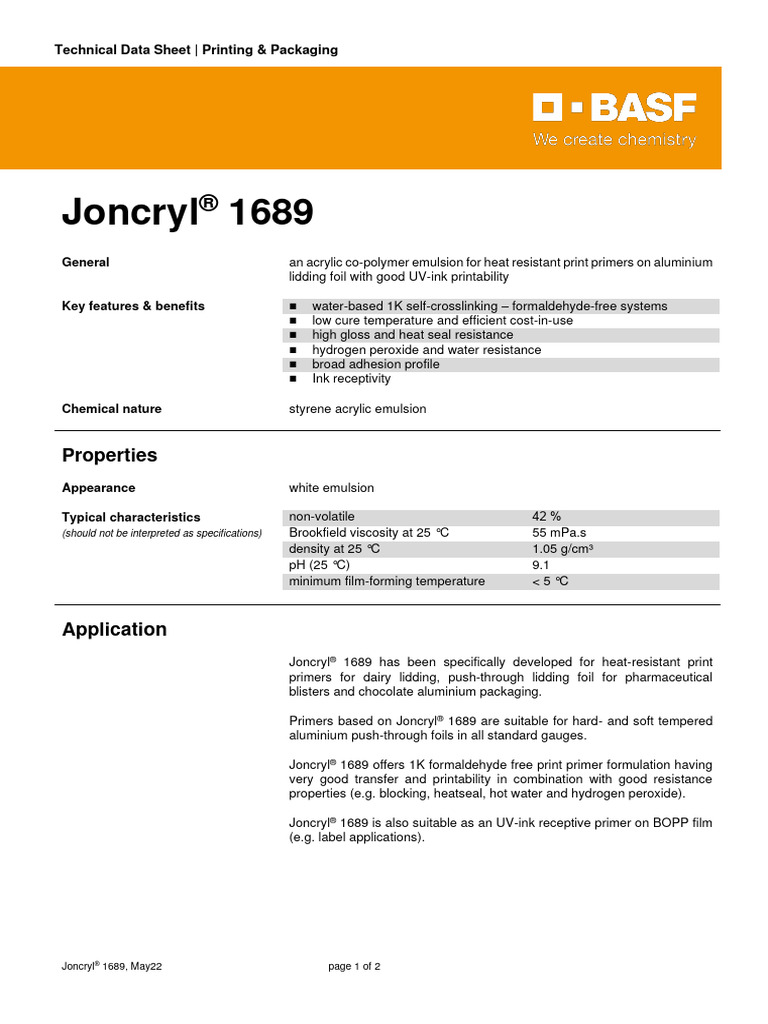 Joncryl 1689 - TDS - EN | PDF | Materials | Chemical Substances
