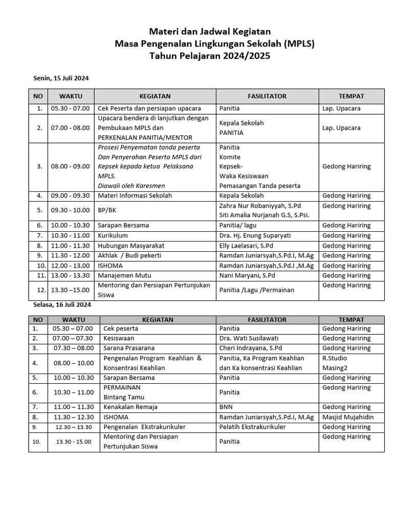 Materi Dan Jadwal Kegiatan Mpls 2024 | PDF