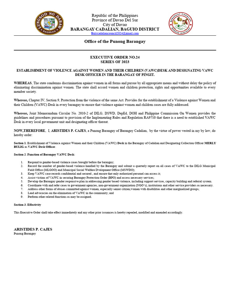 Executive Order VAWC Desk and Officer | PDF | Violence | Violence ...