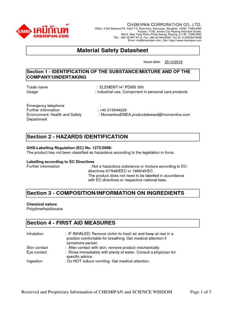 MSDS CC1908 Silicone Oil 350 | PDF | Personal Protective Equipment ...
