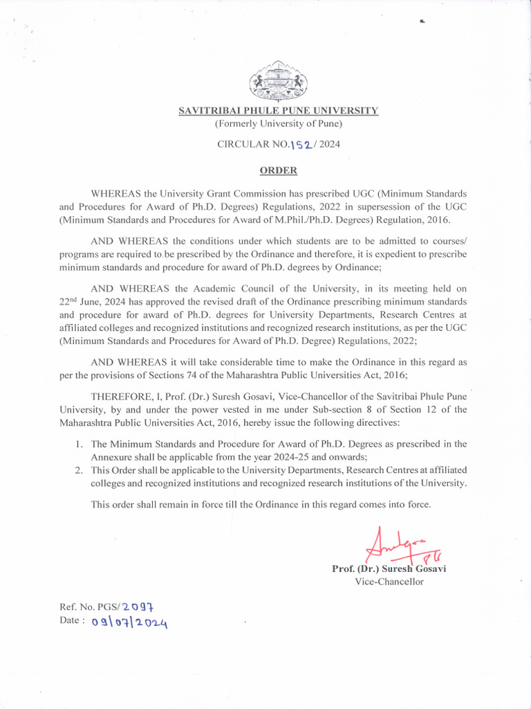 SPPU Ph.D. Rules 152 - 2024 - 09072024 | PDF