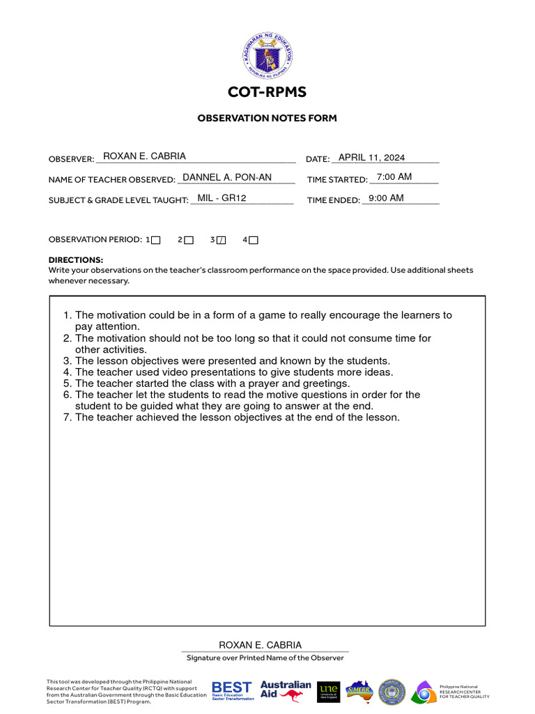 COT3 - Observation Notes | Download Free PDF | Teachers | Pedagogy