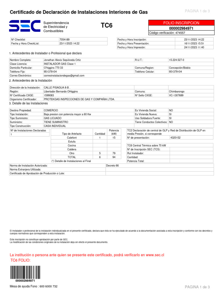 Firma Tc6 Calle Pisagua 8-b | PDF