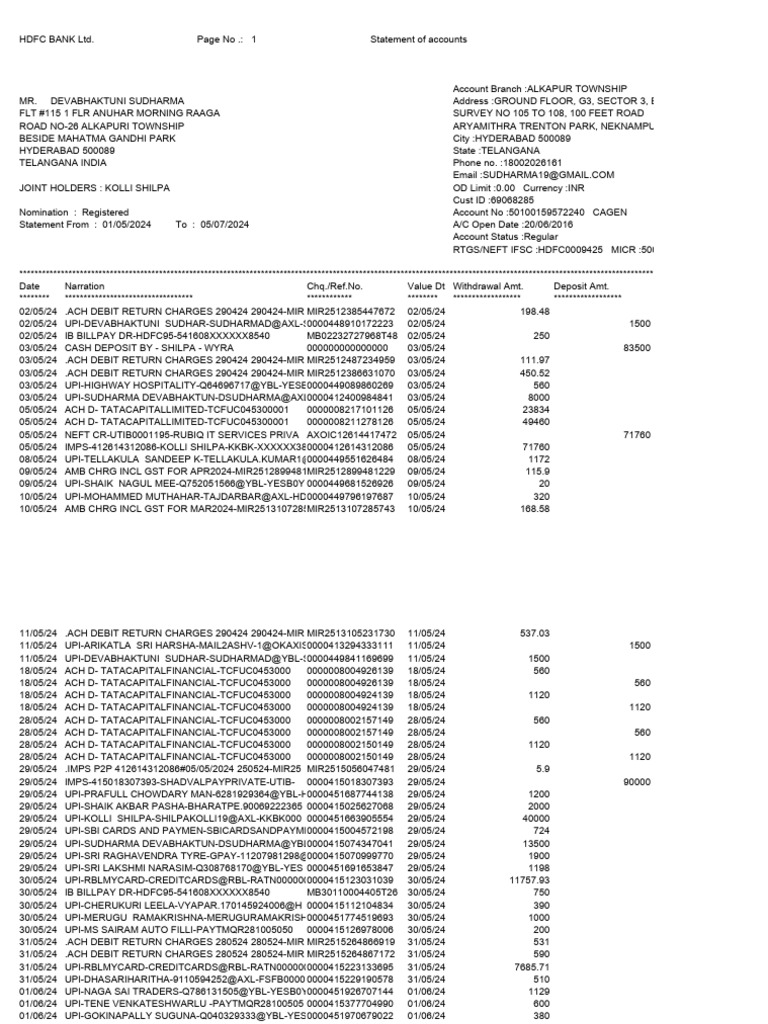 HDFC Bank Account Statement Summary | PDF | Personal Finance ...