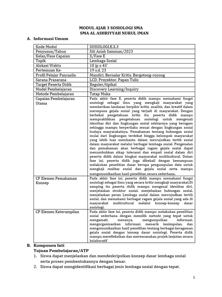 Modul Ajar Sosial: Lembaga dan Tertib Sosial | PDF
