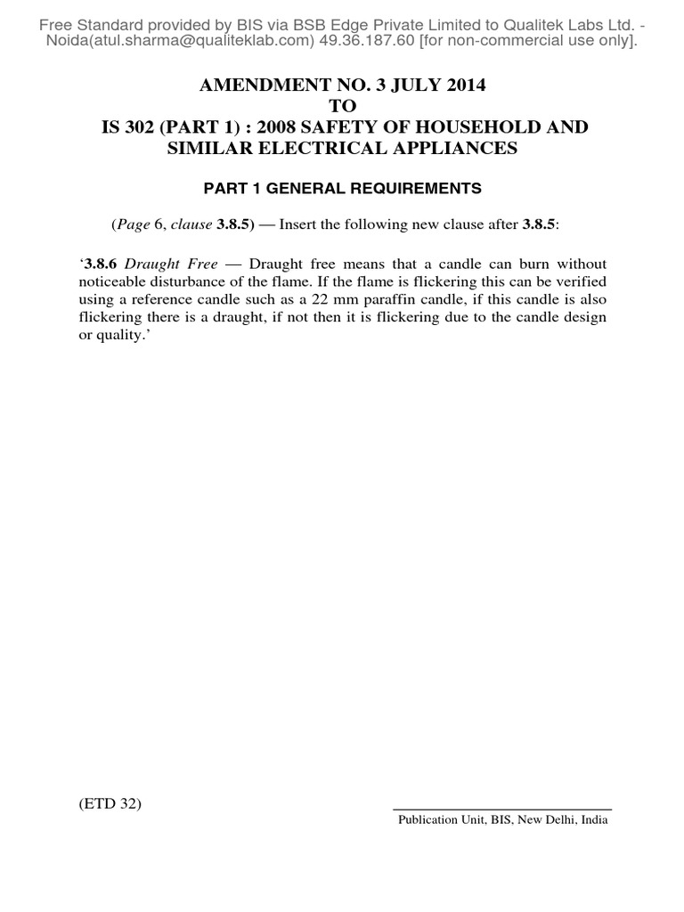 Amendment No. 3 July 2014 TO Is 302 (Part 1) : 2008 Safety of Household ...