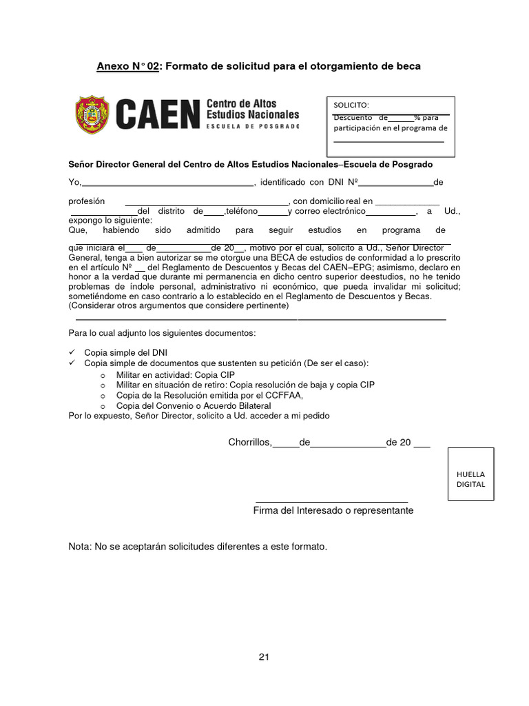 Anexo #02 Formato de Solicitud para El Otorgamiento de Beca | PDF