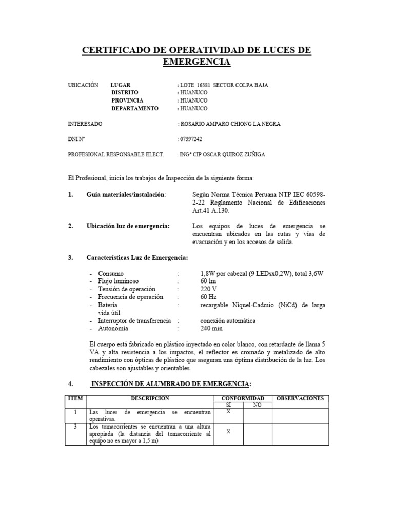 Cert Luces de Emerg PDF | PDF | Ingenieria Eléctrica | Electricidad