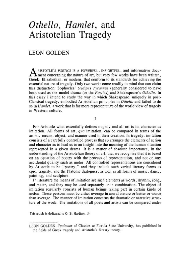 Othello Hamlet and Aristotelian Tragedy (Leon Golden) | PDF