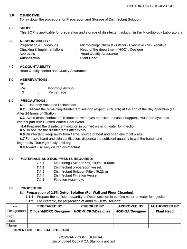 Disinfectant Solution Preparation SOP | PDF | Water | Filtration