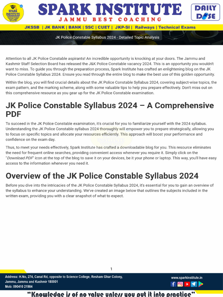 Blog JK Police Constable Syllabus 2024 Detailed Topic Analysis | PDF