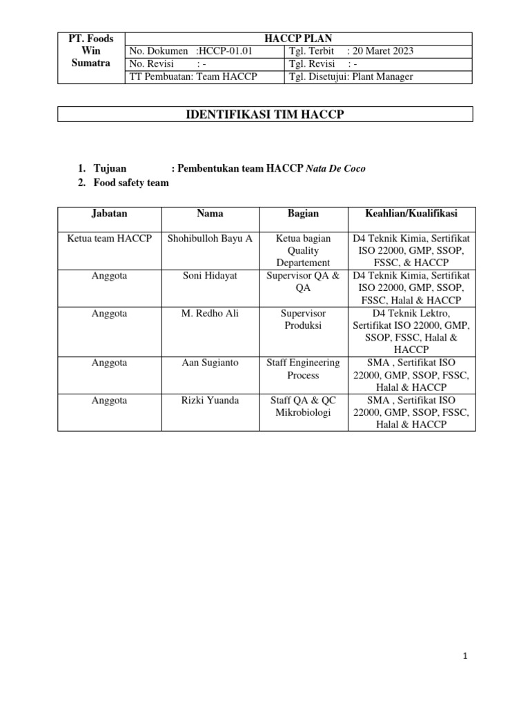 Contoh Pembutan HACCP Plan Dalam Industri Makanan | PDF | Sains ...