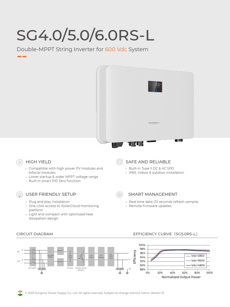 Sungrow SG5.0RS-L Inverter Datasheet | PDF | Alternating Current ...