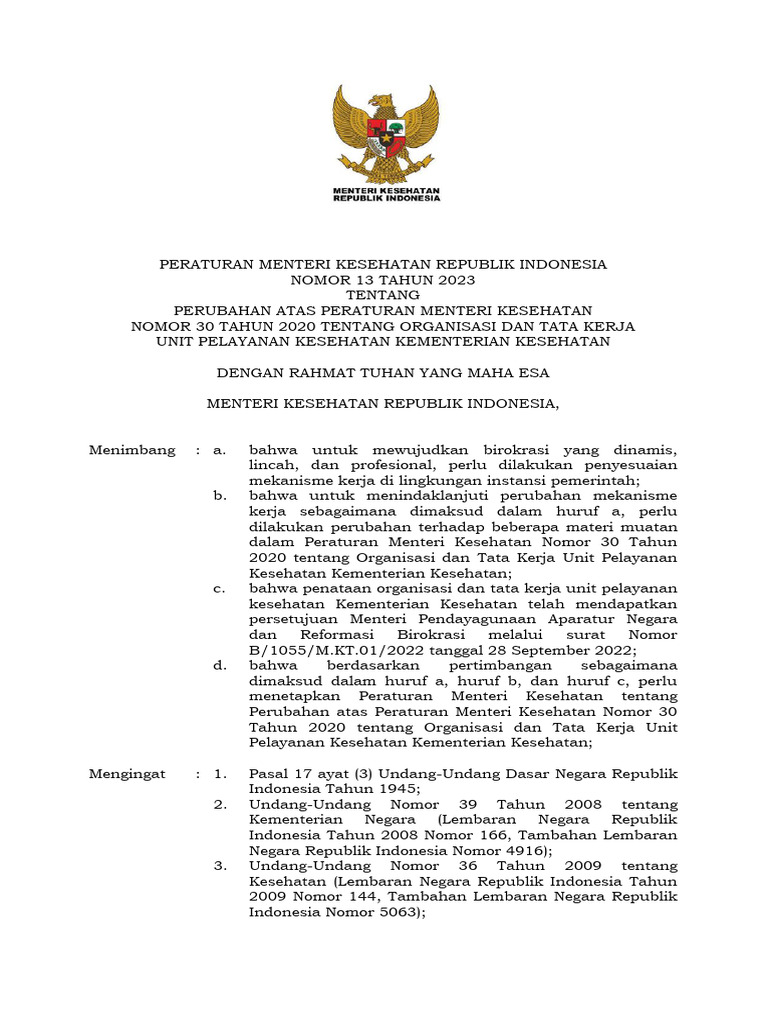 Permenkes Nomor 13 Tahun 2023 Tentang Perubahan Atas Permenkes Nomor 30 ... Permenkes Nomor 13 Tahun 2023 Tentang Perubahan Atas Permenkes Nomor 30 ...