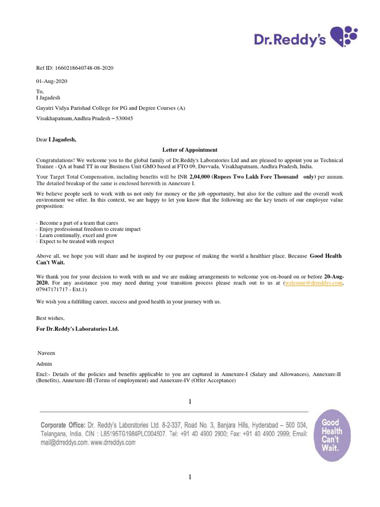 I Jagadesh DR Reddy's Lab | PDF | Life Insurance | Salary