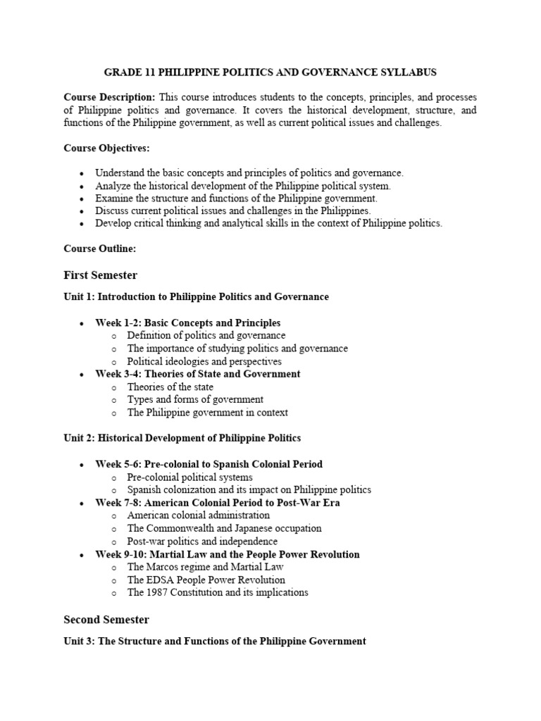 Grade 11 Philippine Politics and Governance Syllabus | PDF ...