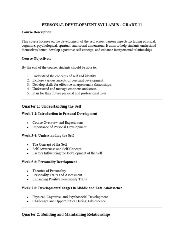Personal Development Syllabus | PDF | Self Concept | Personal Development