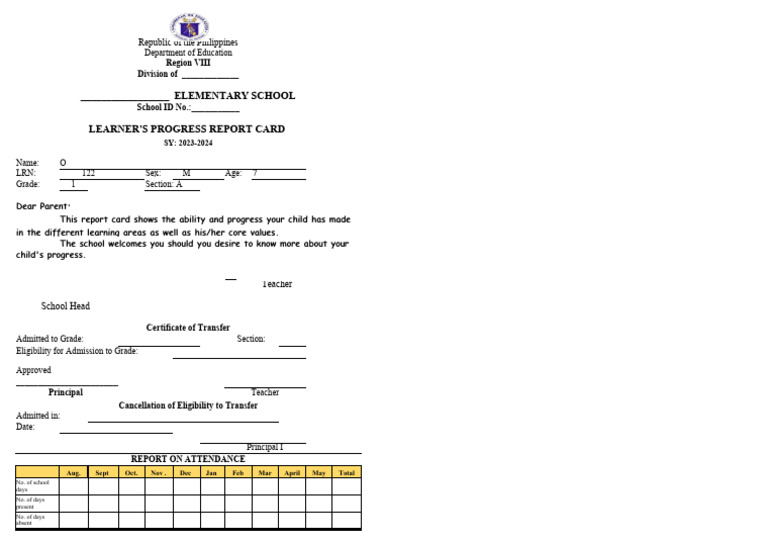 Grade 1 Learner's Progress Report 2023 | PDF