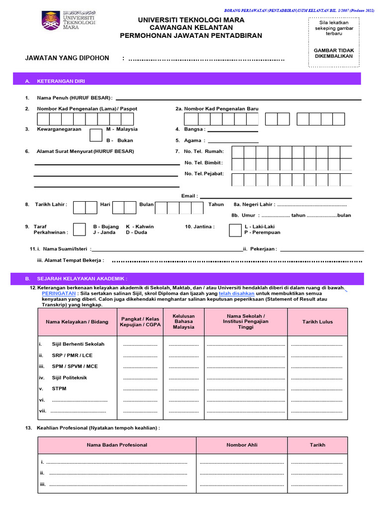 Borang Jawatan Kosong PTD UiTMCK Bil 2 2024 | PDF