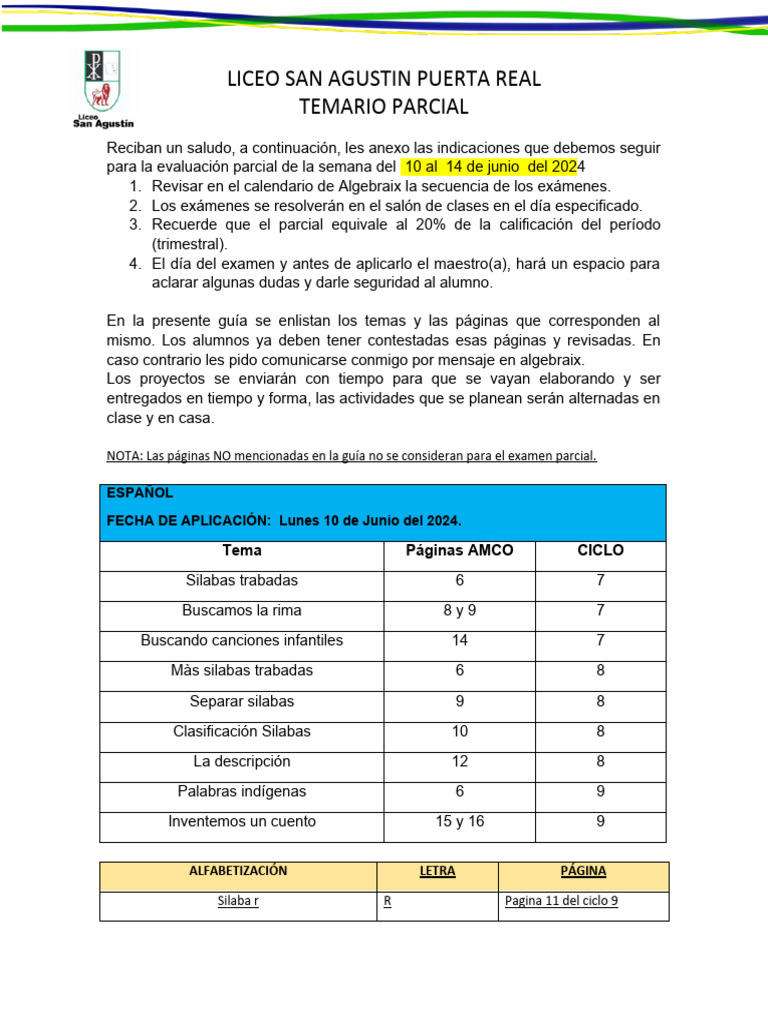 Temario Tercer Parcial Primer Grado 1 | PDF