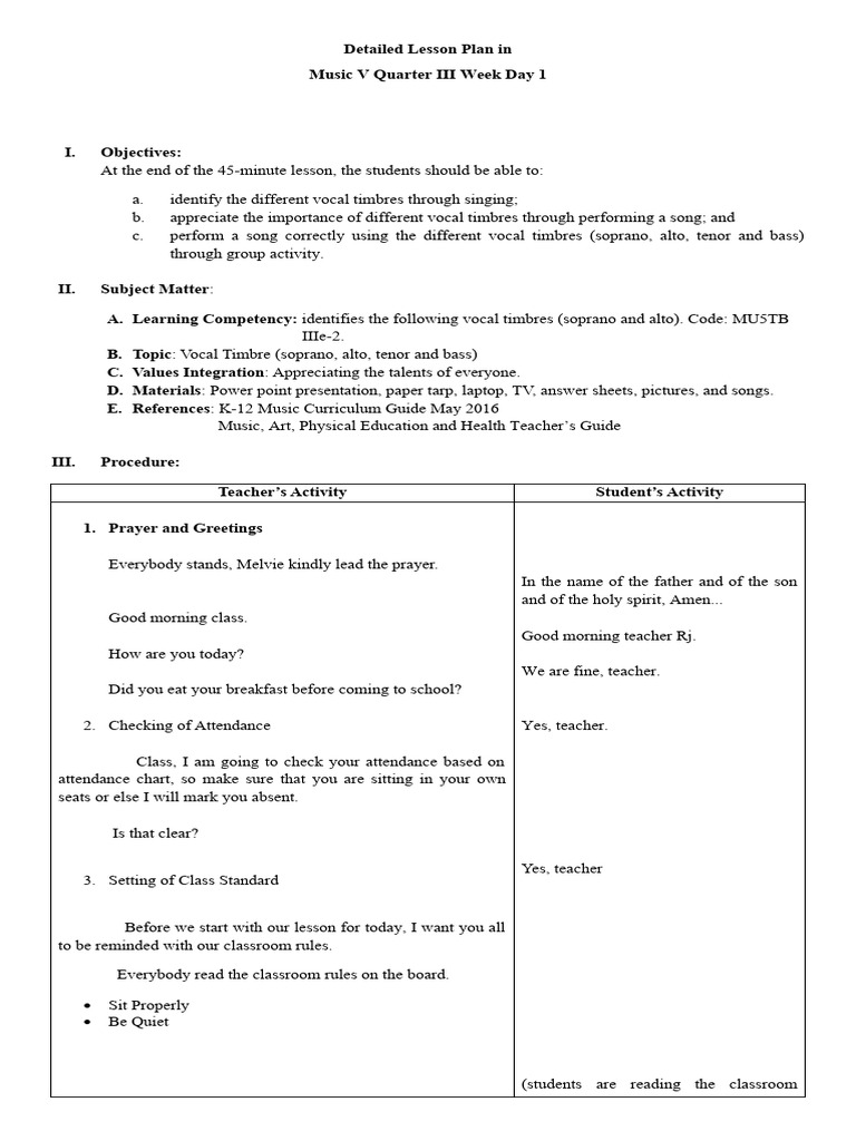 Detailed Lesson Plan in Music | PDF | Singing | Human Voice