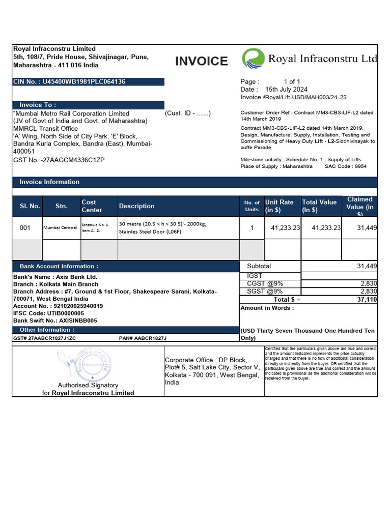 USD Invoice-No.-3 (2024-25) - For 90% Supply of 4 Lifts Copy For MMRC ...