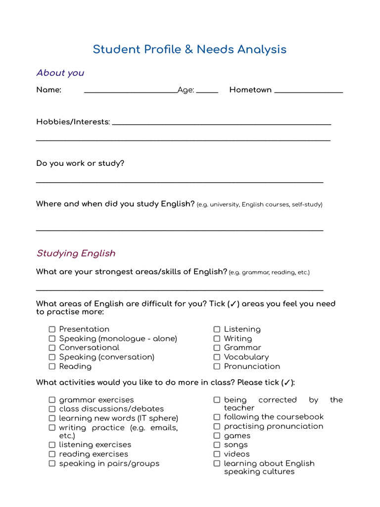 Student Profile & Needs Analysis | PDF | English Language | Vocabulary