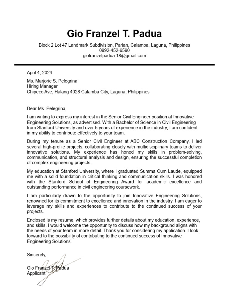 Application Letter - Gio Franzel T. Padua | PDF