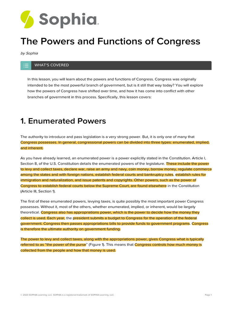 Powers and Functions of Congress Explained | PDF | United States ...